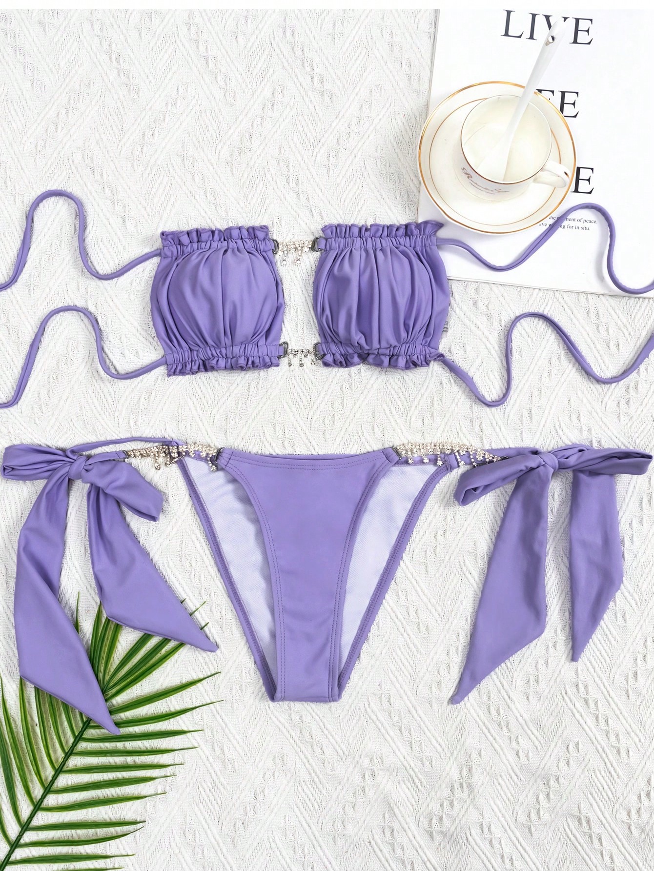 Shein Swim Sxy Ribete Fruncido Bandeau Con Cordón Lateral Bañador