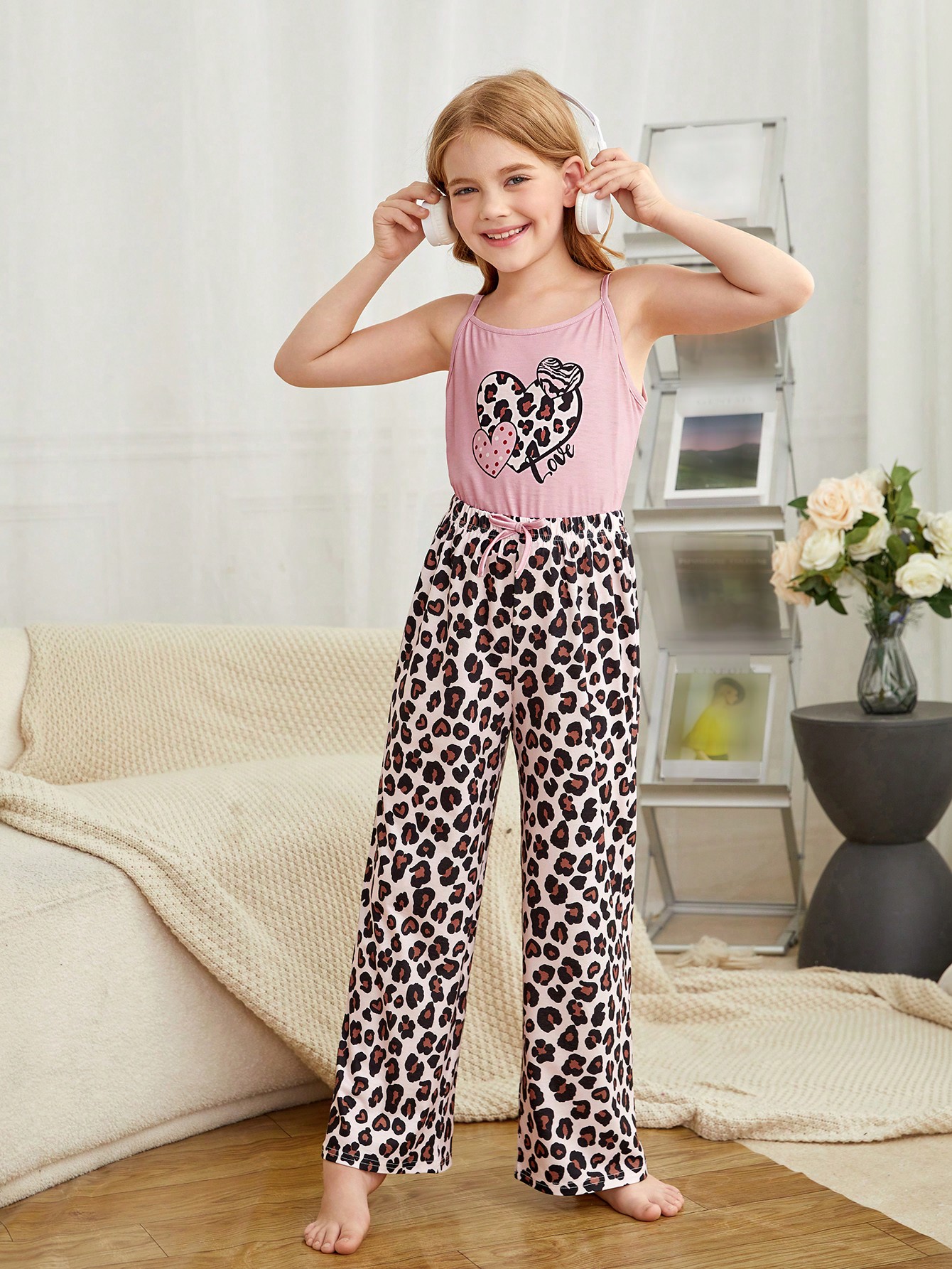 SHEIN Tween Girl Heart and Leopard Print PJ Set | SHEIN