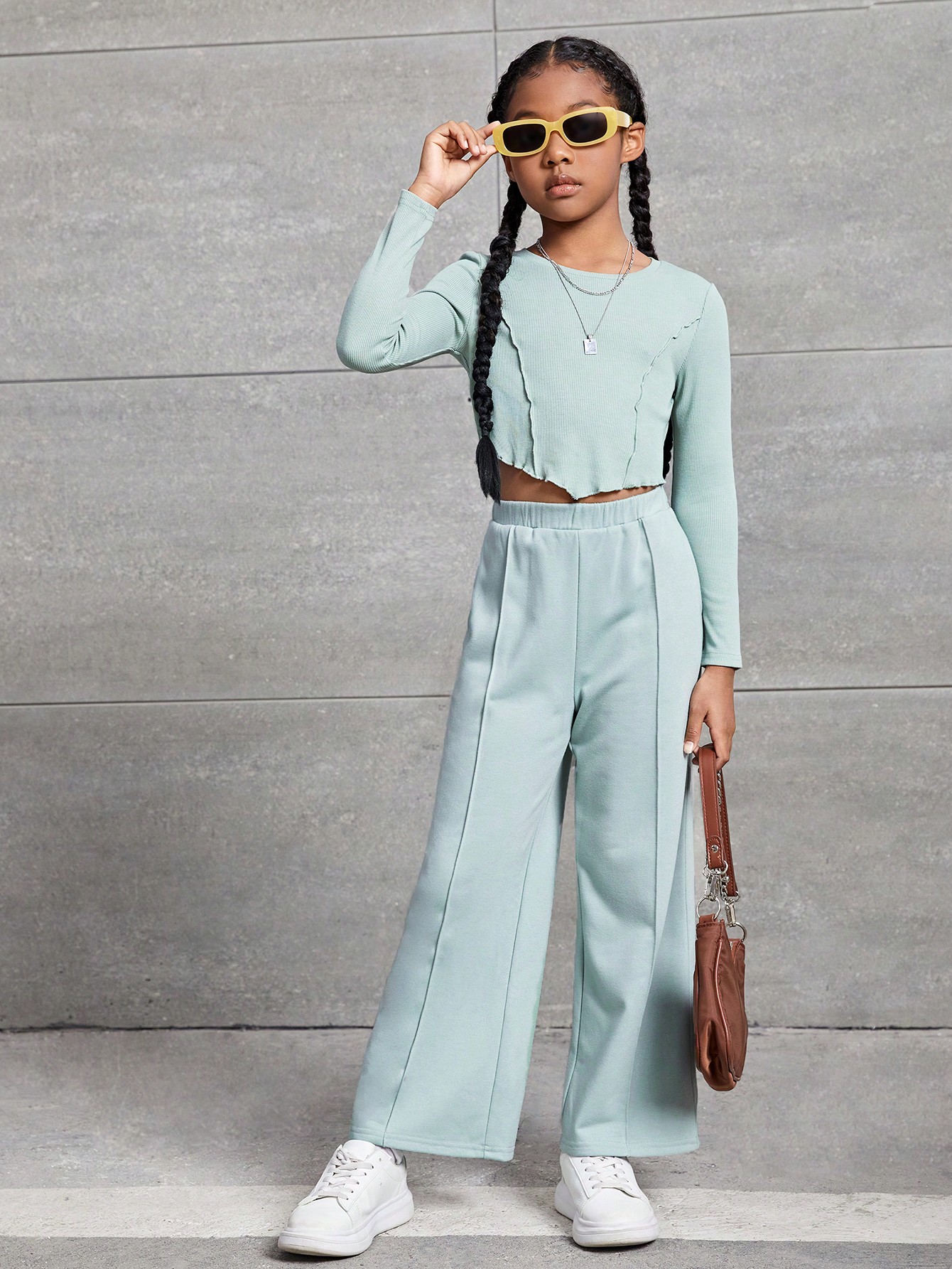 SHEIN Kids Cooltwn Tween Girls' Sporty Casual Knitted Solid Color Long ...