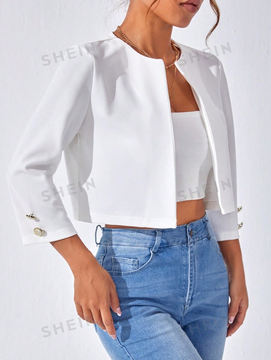 SHEIN Essnce 1pc Solid Open Front Crop Jacket | SHEIN USA