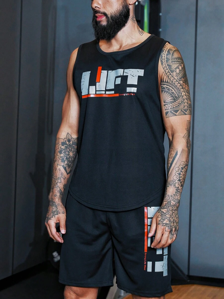 SHEIN Fitness Men Geo & Letter Graphic Sports Set, Athletic Suit ...