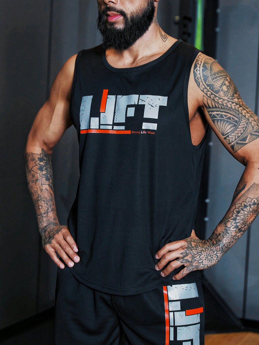 SHEIN Fitness Men Geo & Letter Graphic Sports Set, Athletic Suit ...