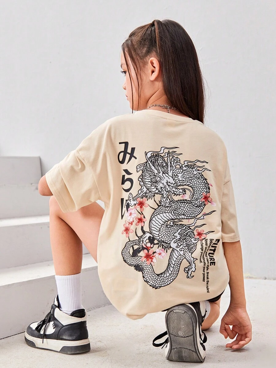 SHEIN Tween Girl Japanese Letter & Dragon Graphic Drop Shoulder Tee ...