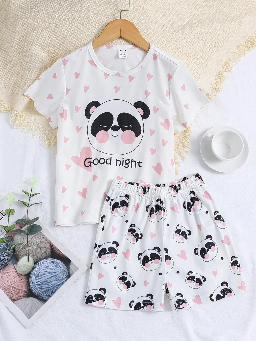Tween Girl Panda & Heart Print PJ Set | SHEIN USA