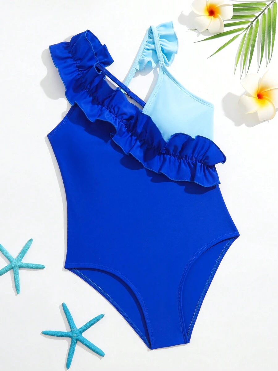 Tween Girl Colorblock Ruffle Trim One Piece Swimsuit | SHEIN USA