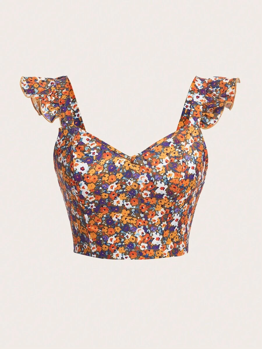 SHEIN WYWH Ditsy Floral Print Butterfly Sleeve Tie Backless Crop Top ...