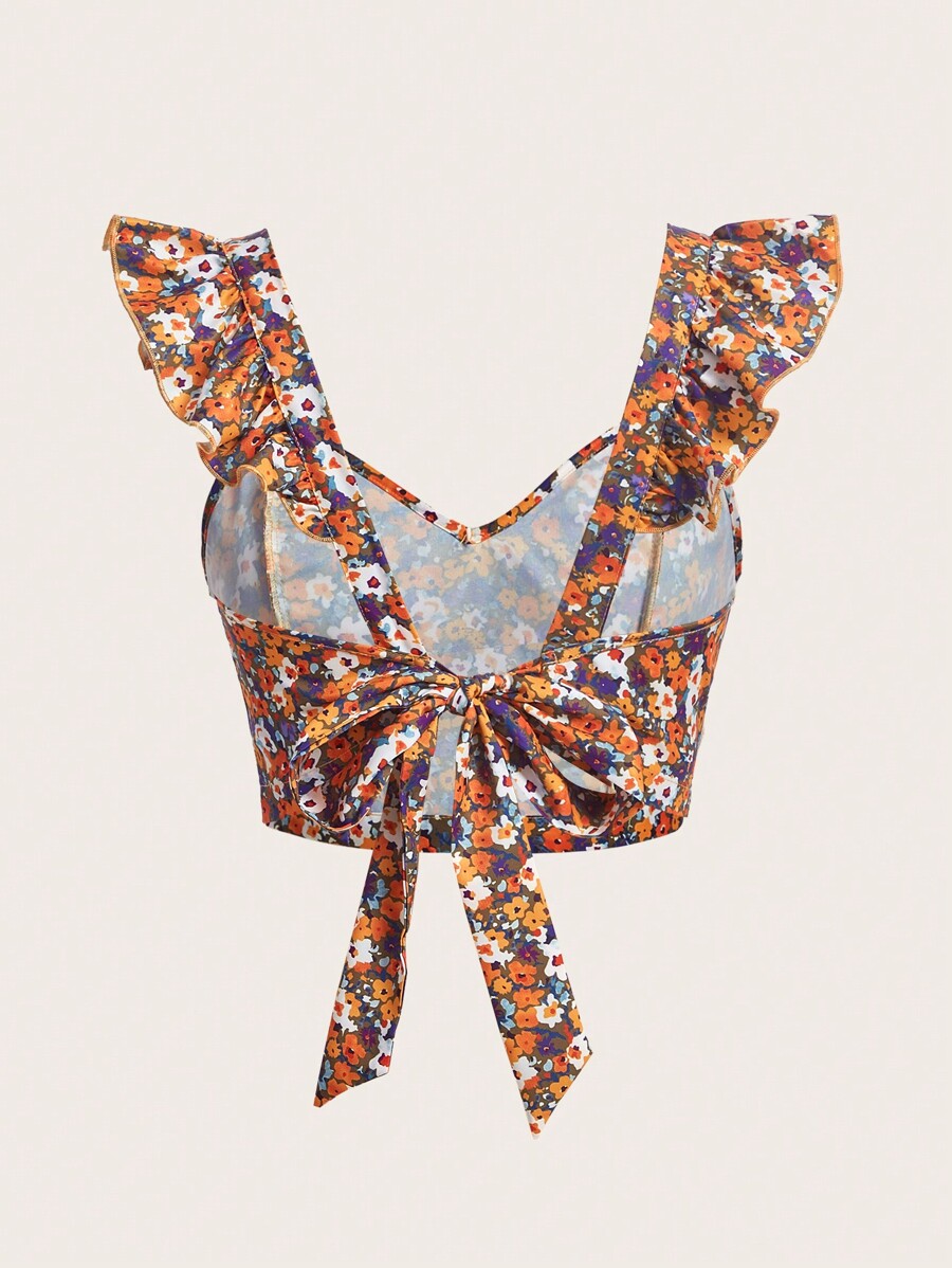 SHEIN WYWH Ditsy Floral Print Butterfly Sleeve Tie Backless Crop Top ...