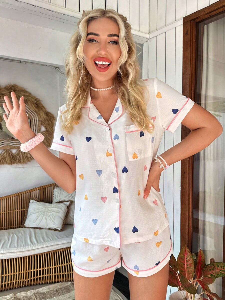 Heart Print Contrast Binding PJ Set / Pajama Set White Set | SHEIN USA