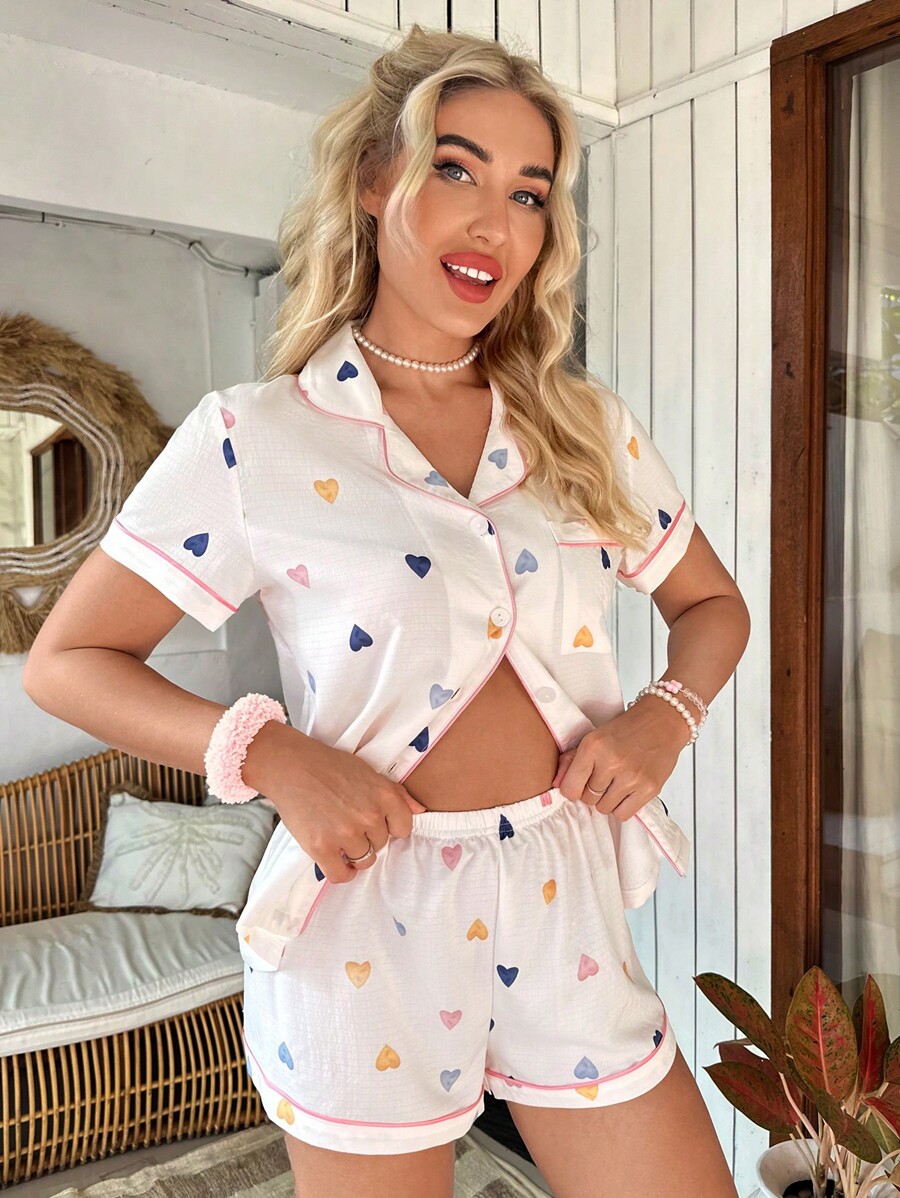 Heart Print Contrast Binding PJ Set / Pajama Set White Set | SHEIN USA