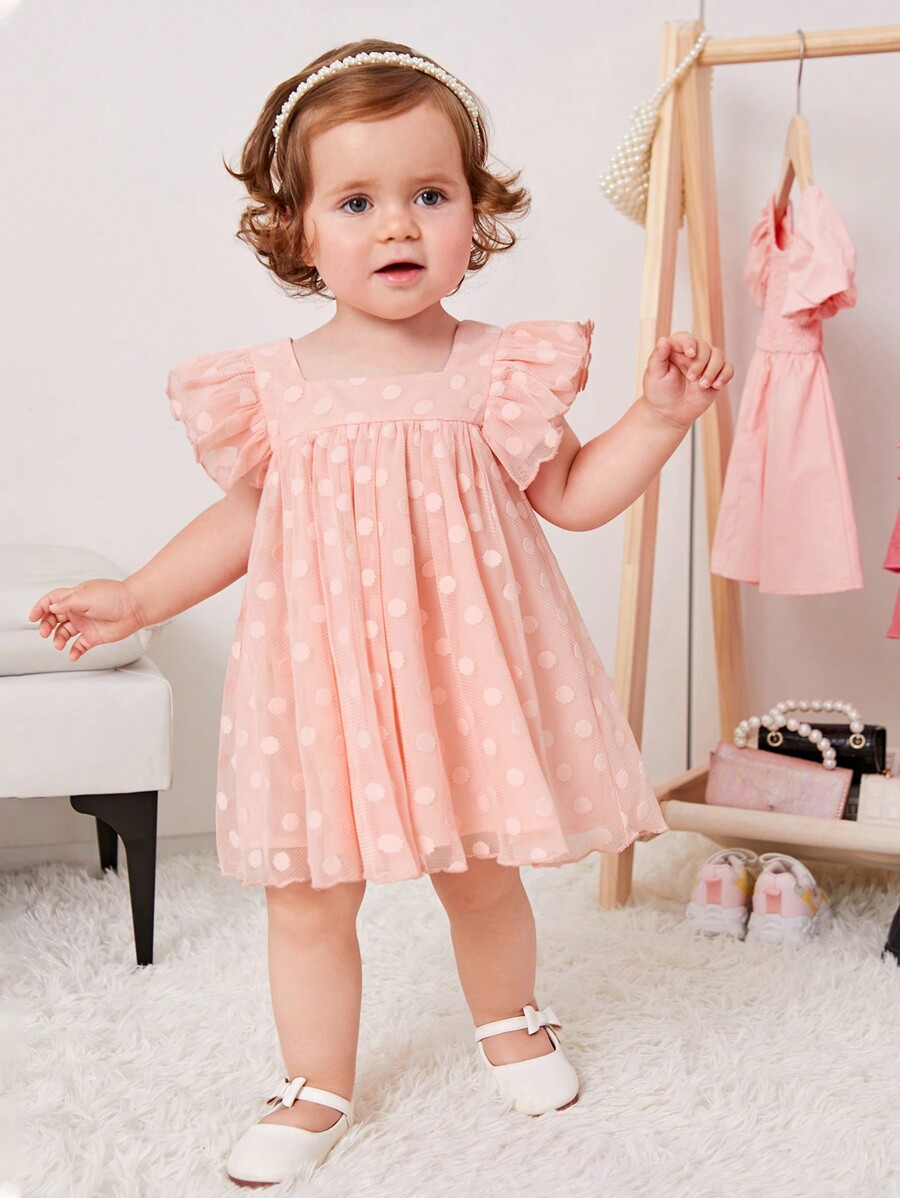 SHEIN Baby Girl's Sweet And Romantic Polka Dot Mesh Dress With Square ...