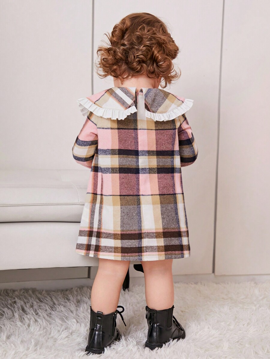 SHEIN Baby Girls' Cute Doll Collar Plaid Color Block Long Sleeve Dress ...