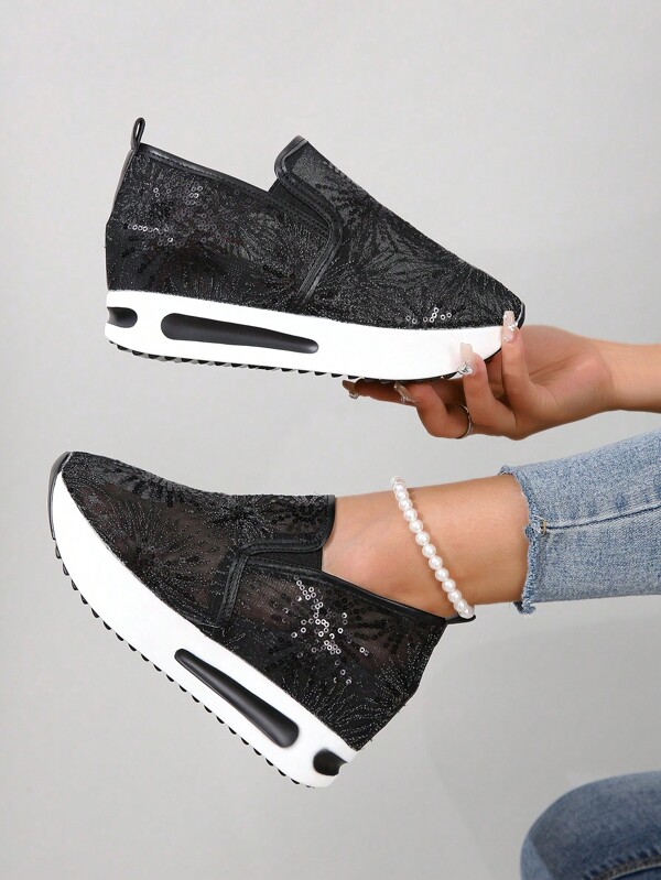 Women Sequin Flower Decor Slip On Wedge Sneakers Sporty Outdoor Mesh Wedge Sneakers Shein