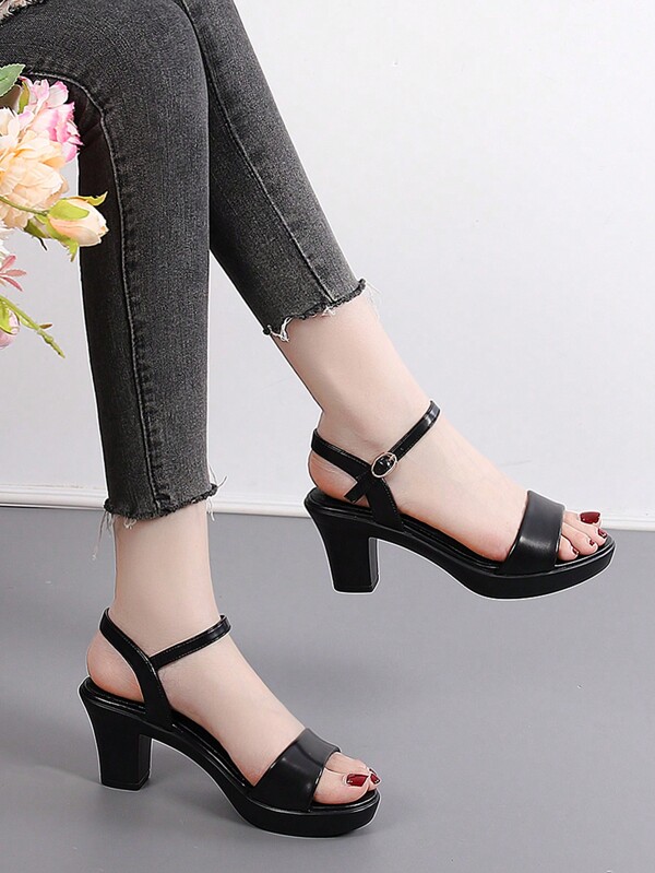 Women's Simple & Elegant Black Chunky Heel Ankle Strap Sandals, Women's ...
