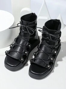 Women Studded Decor Hollow Out Design Lace Up Fashion Boots, Fashion ...