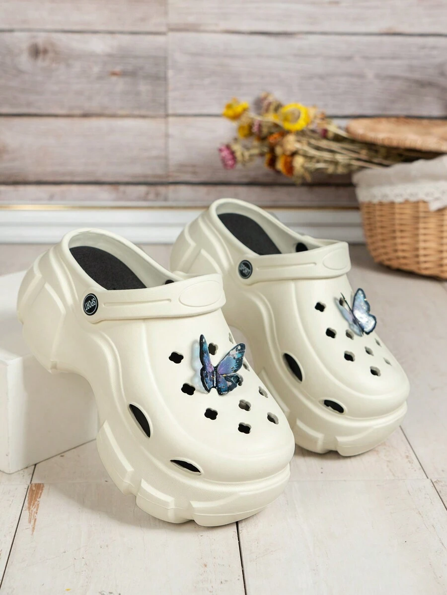 Women White Hollow Out Textured Clogs, Butterfly Decor Vented Clogs ...