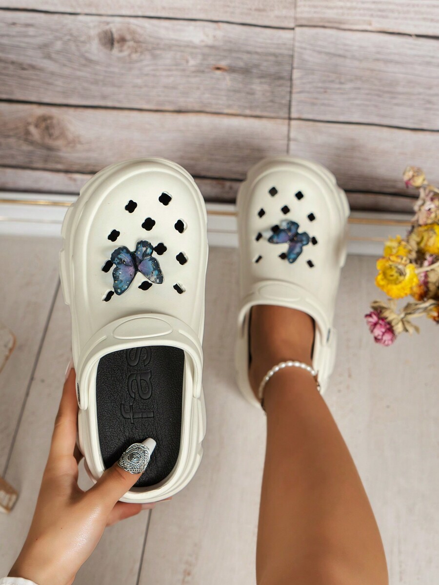 Women White Hollow Out Textured Clogs, Butterfly Decor Vented Clogs ...