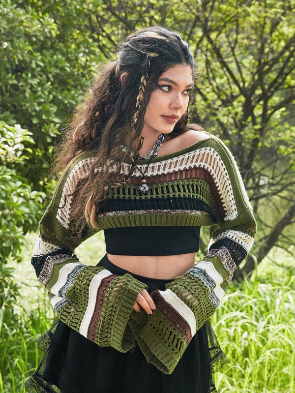 Fairycore Striped Pattern Drop Shoulder Crop Sweater | SHEIN USA