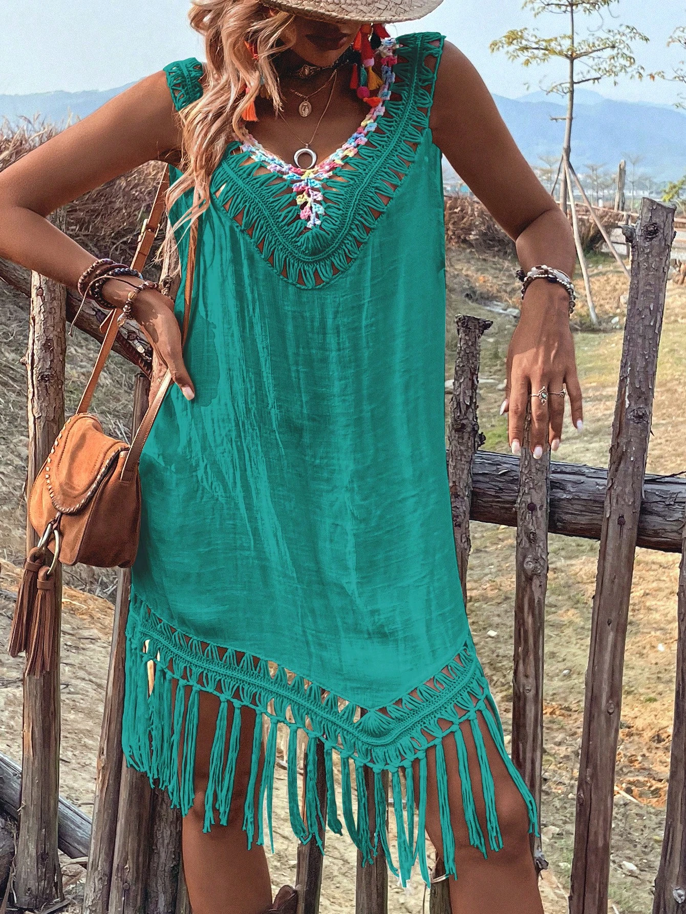 SHEIN VCAY Fringe Hem Crochet Panel Tie Backless Cover Up | SHEIN EUR