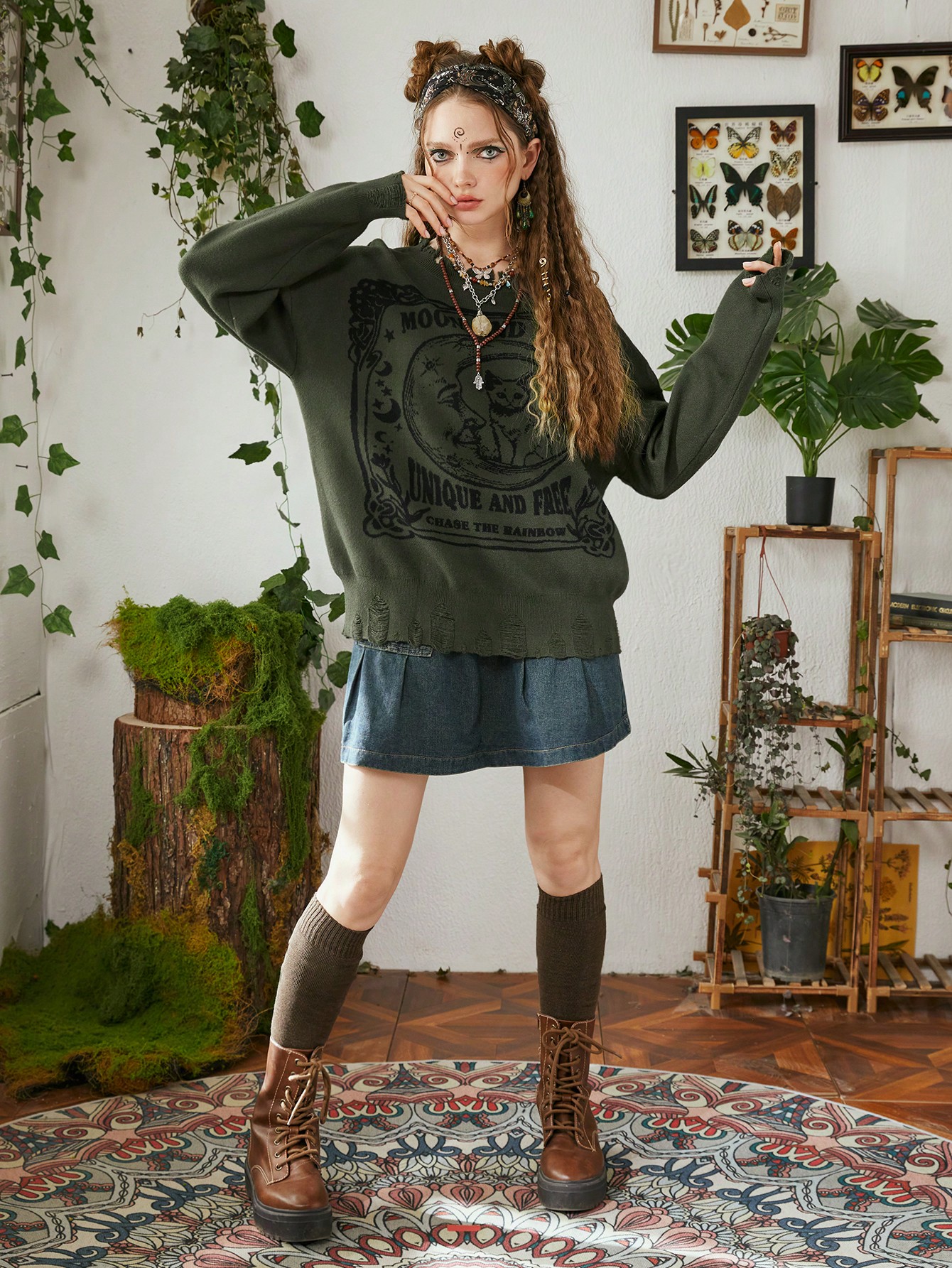 Fairycore Suéter roto con patrón de luna & gato | Moda de Mujer | SHEIN ...