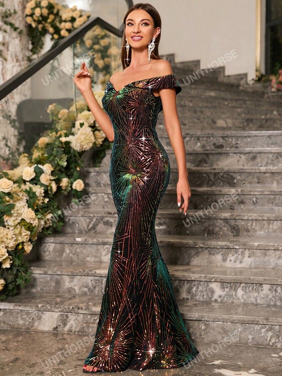 UNITHORSE Off Shoulder Sequin Party Dress Elegant Formal Evening Prom ...