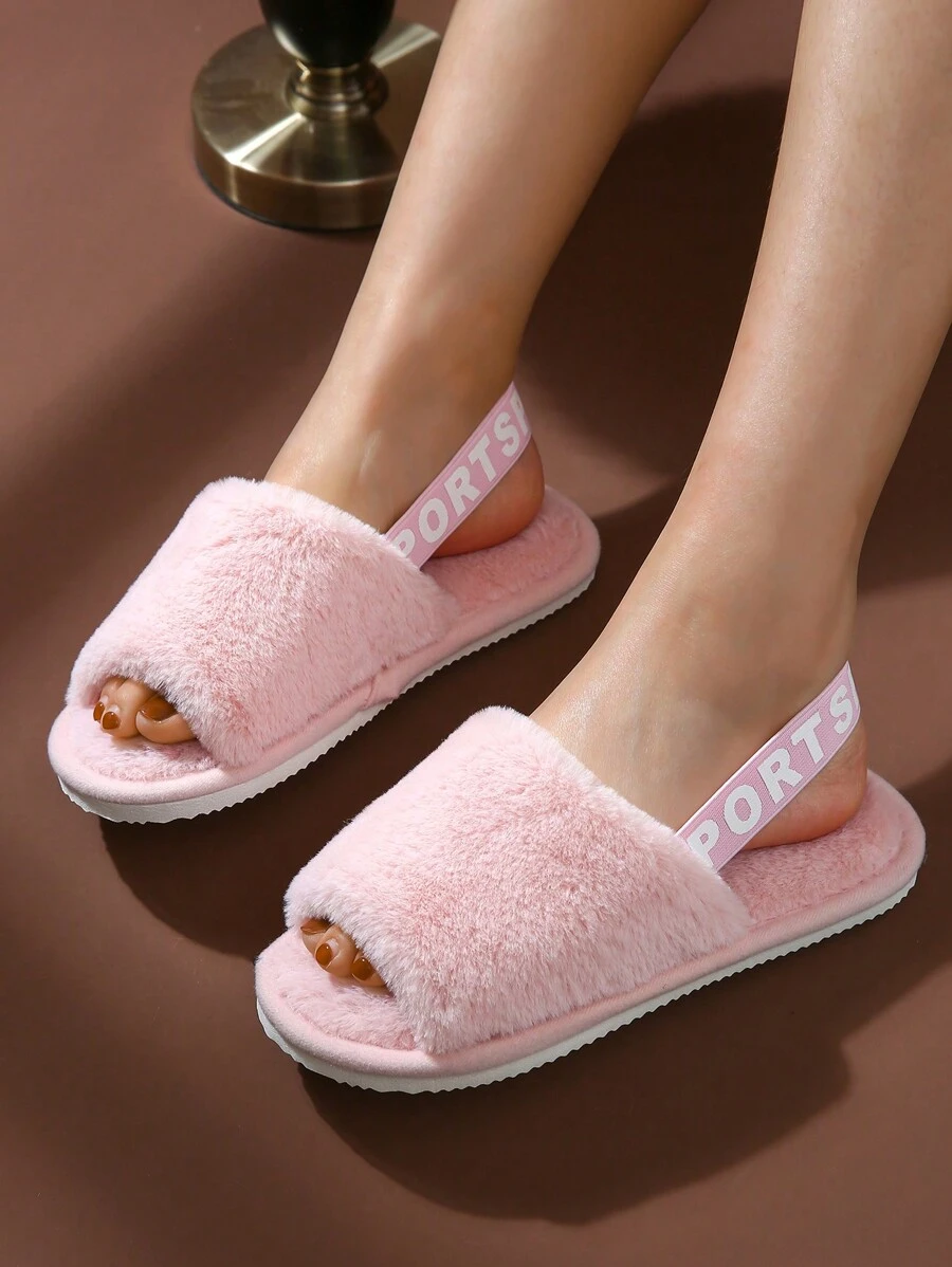 Women Letter Graphic Fluffy Decor Slingback Bedroom Slippers ...