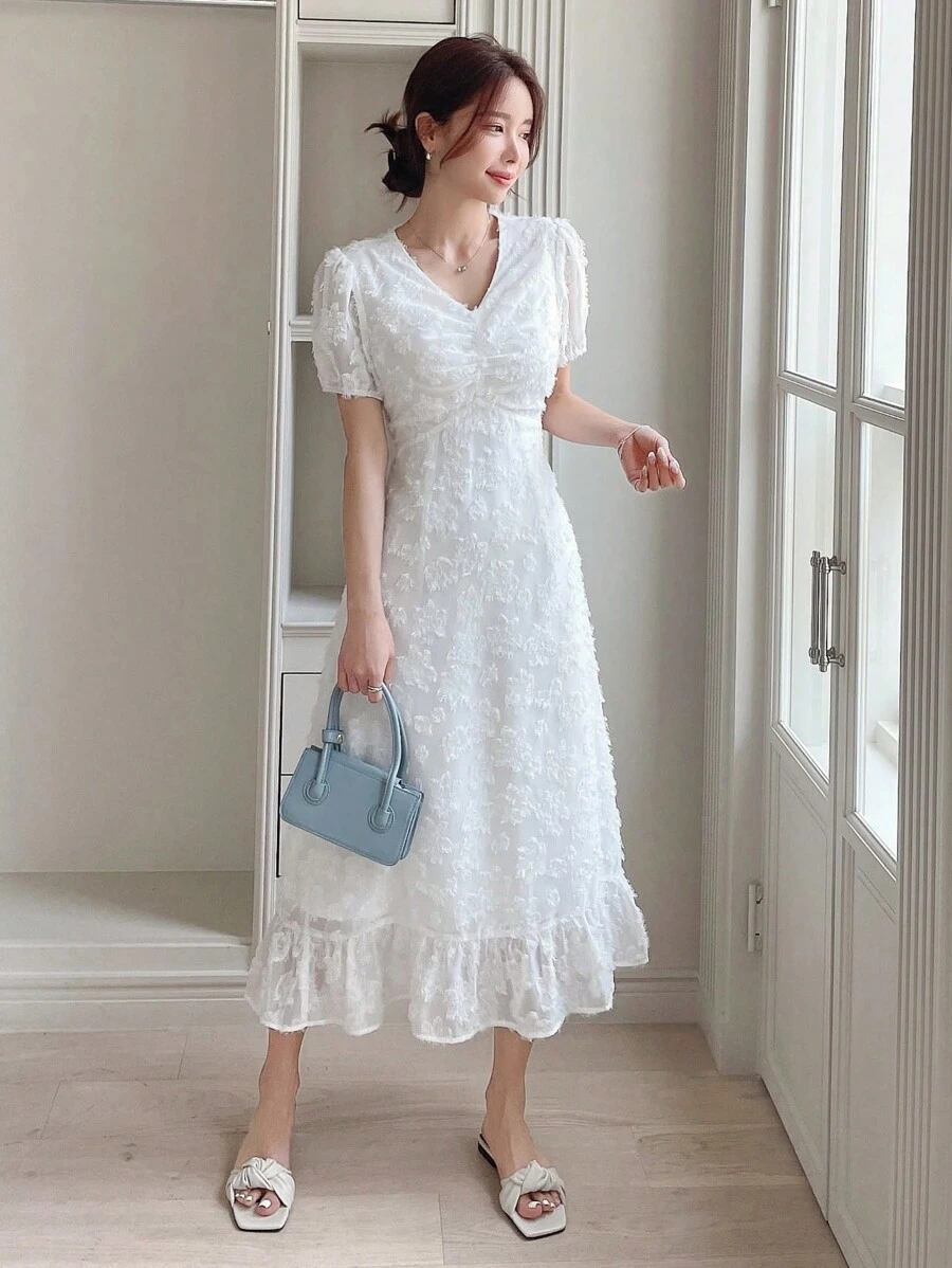 Dazy Jacquard Puff Sleeve Ruffle Hem Dress Shein Usa