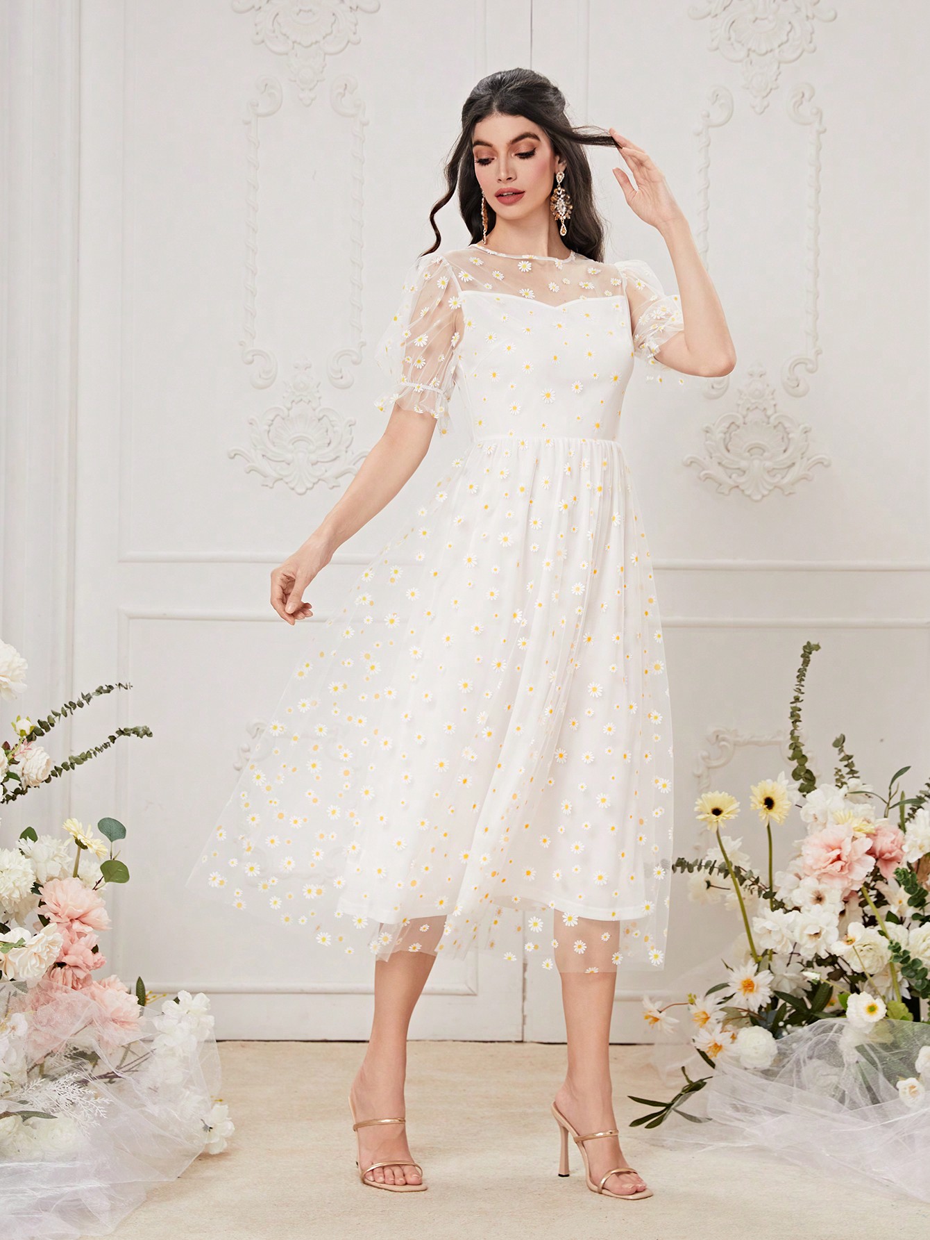 SHEIN Mulvari Daisy Floral Embroidery Mesh Overlay Dress | SHEIN UK