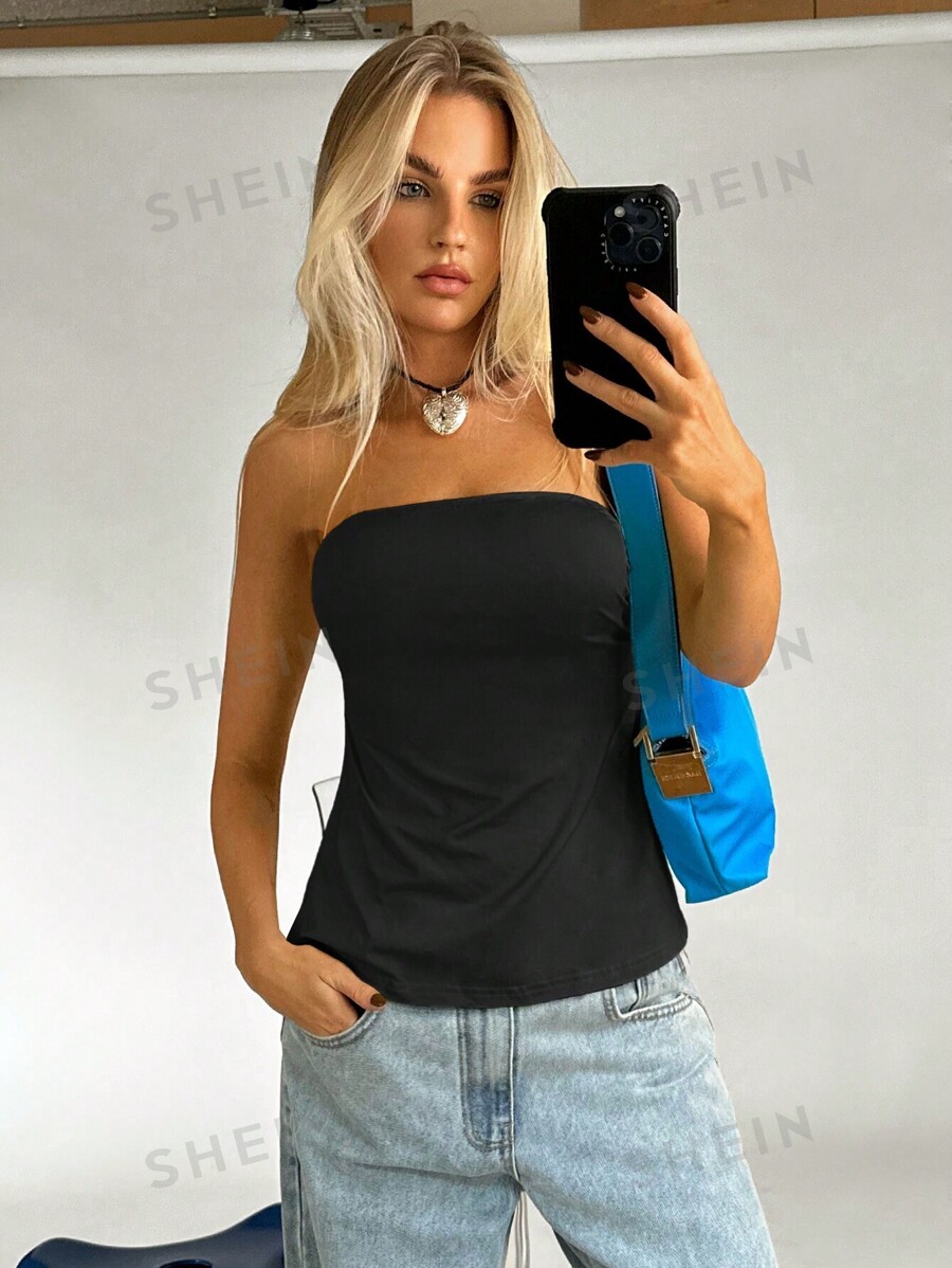 SHEIN EZwear Summer Black Y2k Solid Backless Tube Top | SHEIN USA