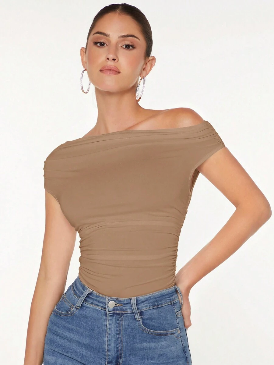 SHEIN BAE Asymmetrical Neck Ruched Tee Going Out Tops, Going Out Top ...