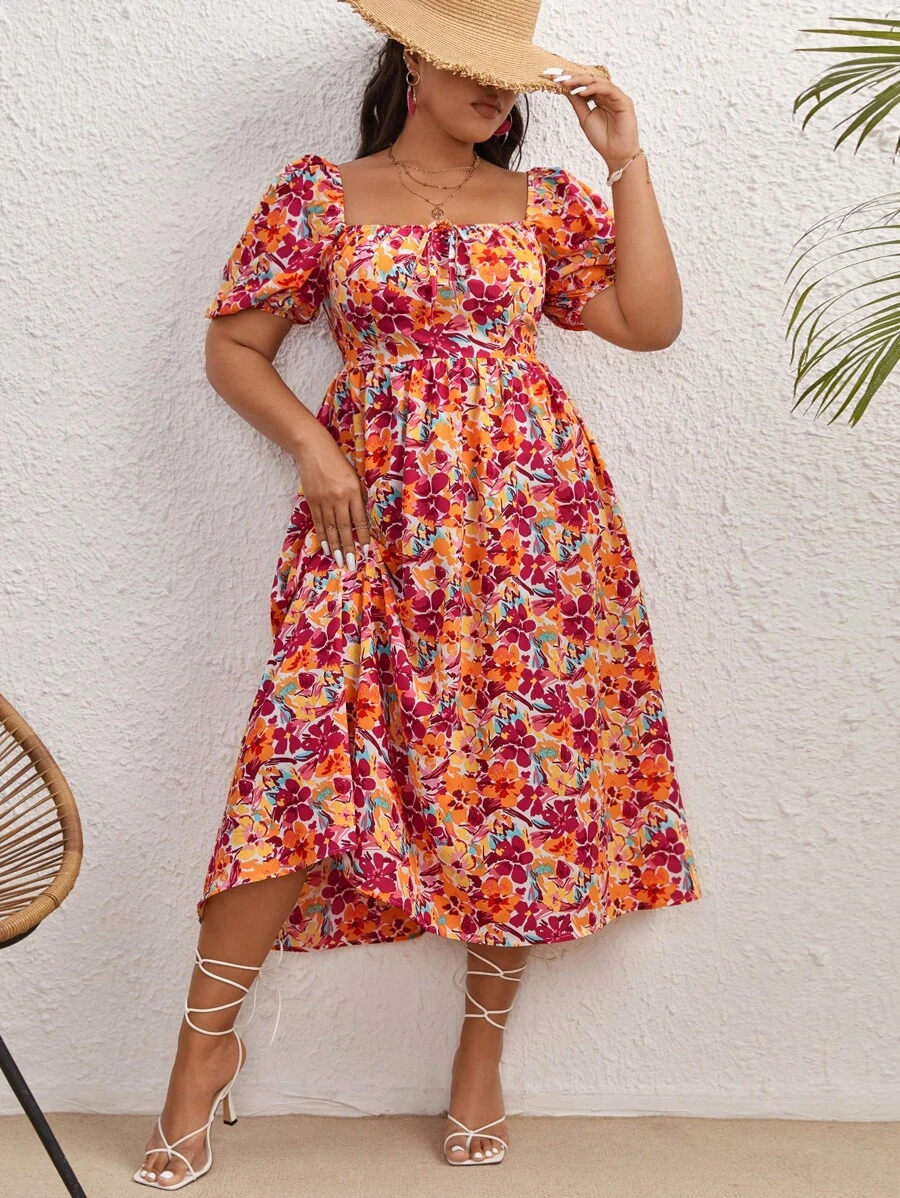 SHEIN VCAY Plus Size Boho Allover Floral Print Square Neck Puff Sleeve Dress,Beach Dress ...