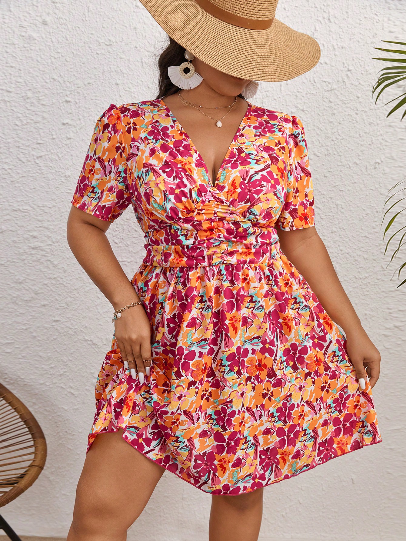 SHEIN VCAY Plus Allover Floral Print Surplice Neck Dress | SHEIN USA