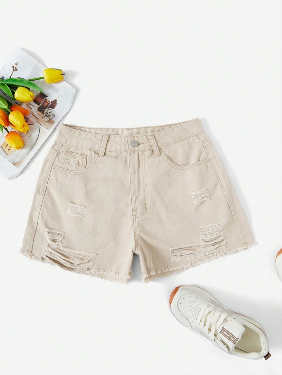 Ripped Raw Hem Denim Shorts | SHEIN USA