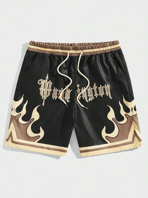 Romwe Street Life Men Fire And Letter Graphic Drawstring Waist Shorts