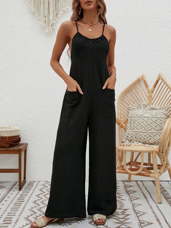 SHEIN VCAY Crisscross Backless Wide Leg Cami Jumpsuit | SHEIN USA