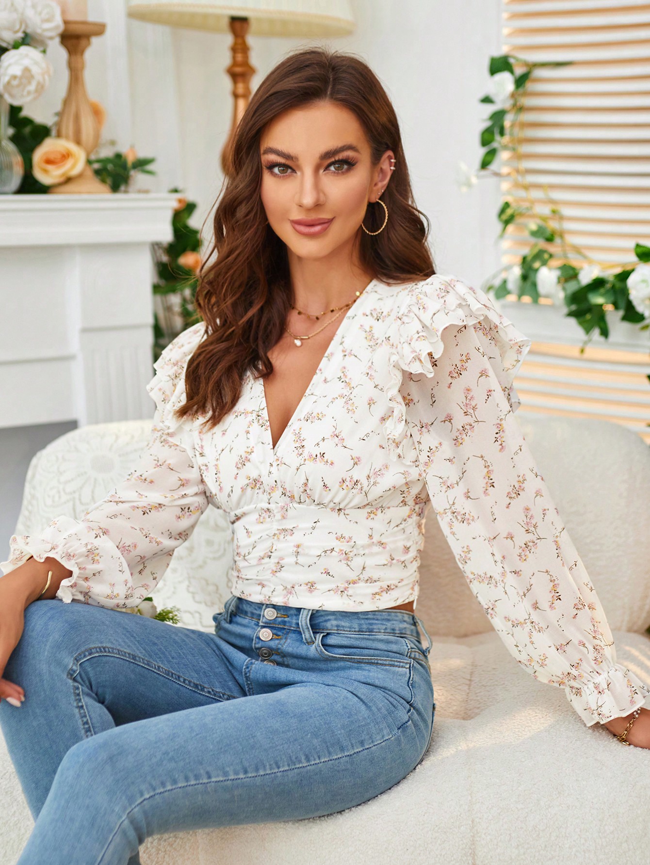 SHEIN Frenchy Boho Vrolijke Bloemetjes Blouse Voorpand met Knoopjes Rimpeling | SHEIN Nederland