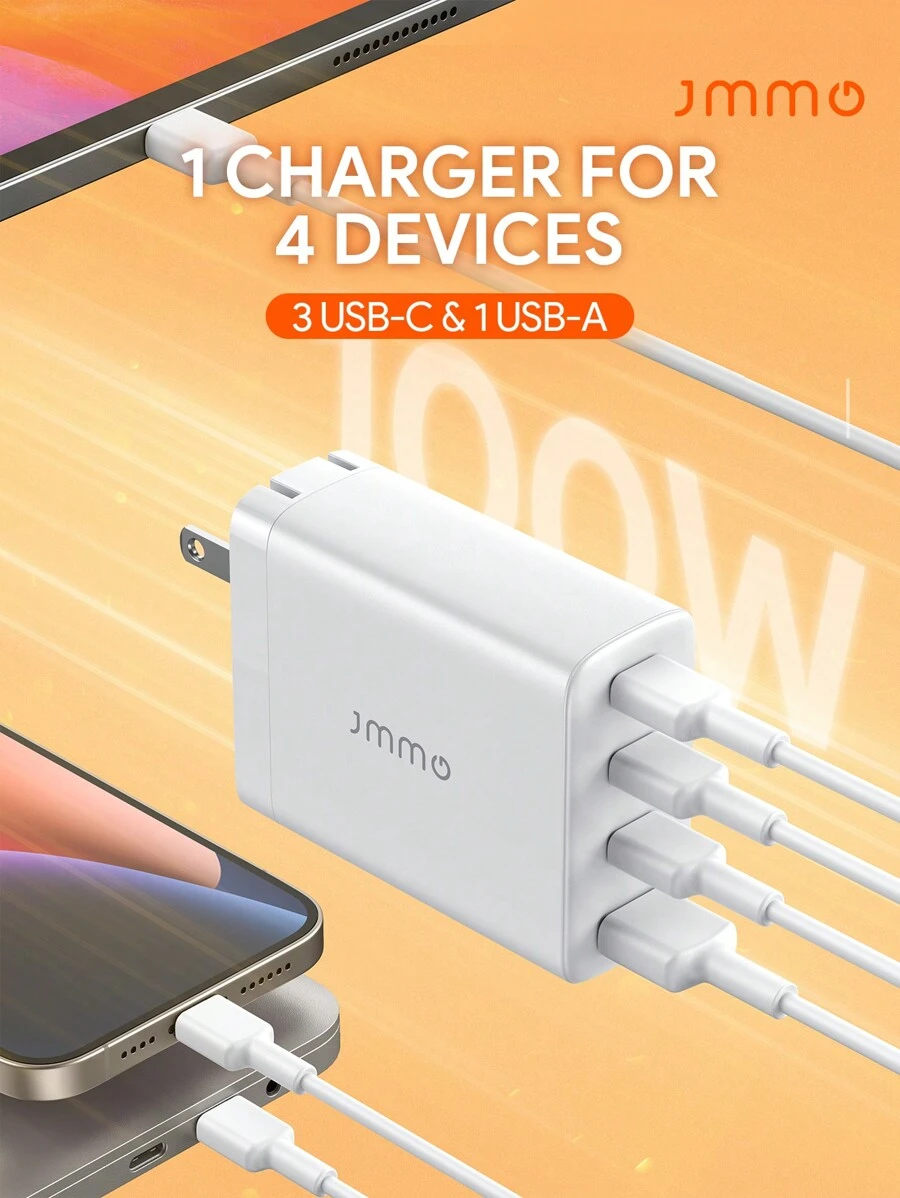 JMMO USB Charger,100W 4-Ports USB C Wall Charger,3 USB-C Ports,1 USB-A ...