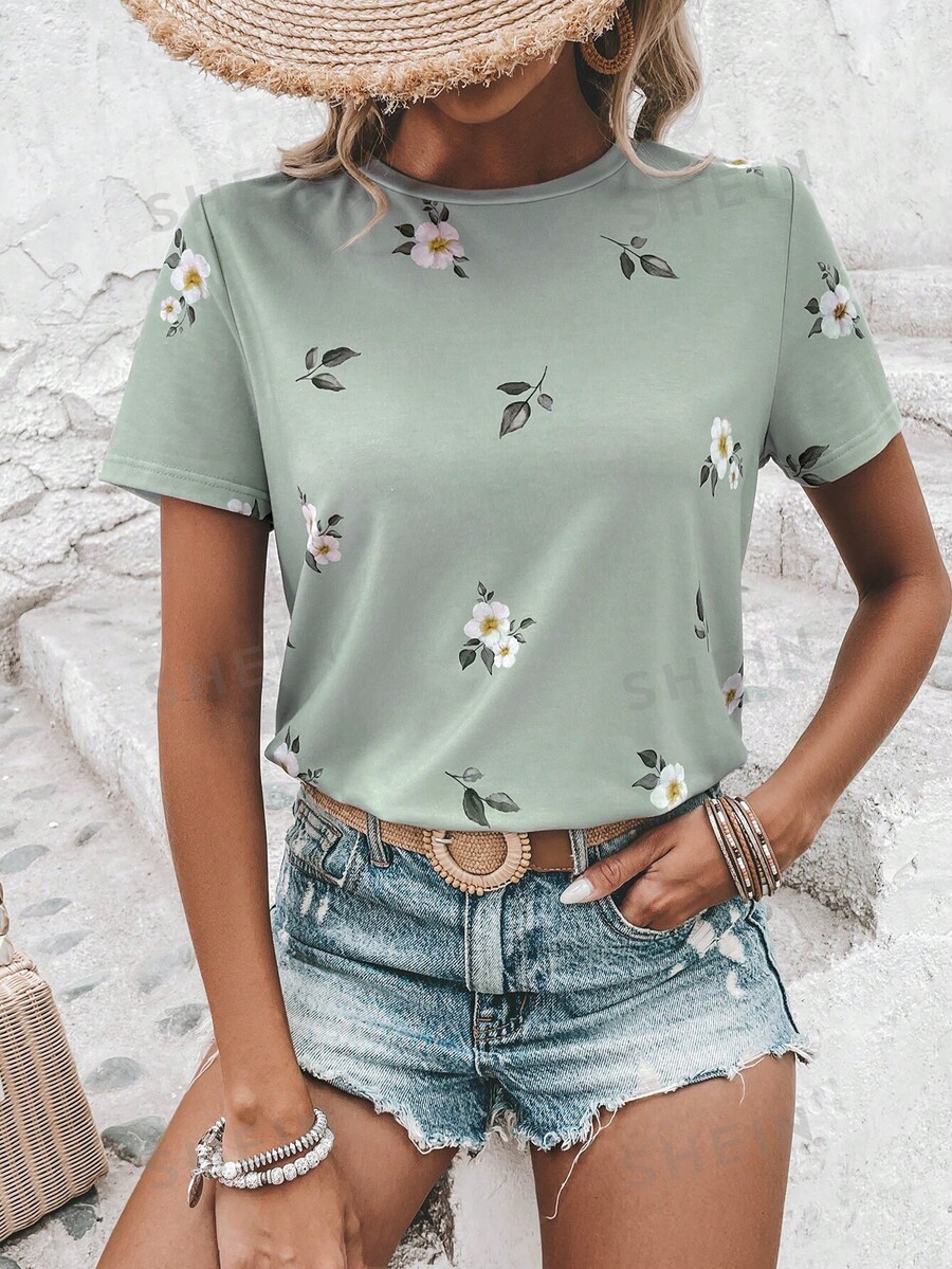 SHEIN LUNE Floral Print Round Neck Tee Graphic T Shirt | SHEIN USA