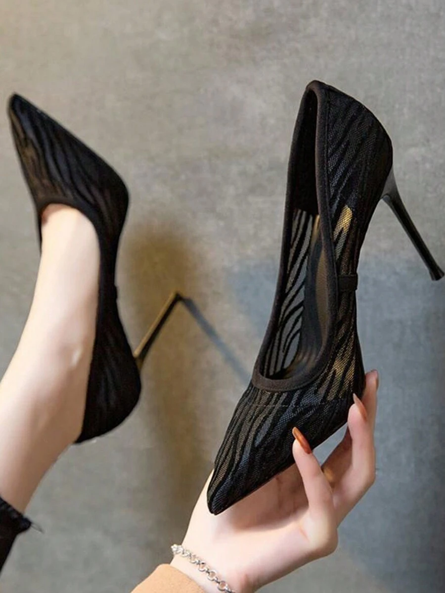 Women Mesh Panel Point Toe Stiletto Heeled Court Pumps, Fashion Mesh ...