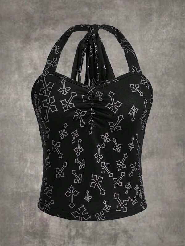 Goth Allover Cross Print Ruched Halter Top | SHEIN UK