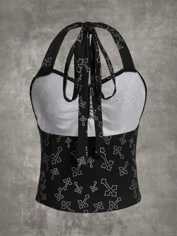 Goth Allover Cross Print Ruched Halter Top | SHEIN UK
