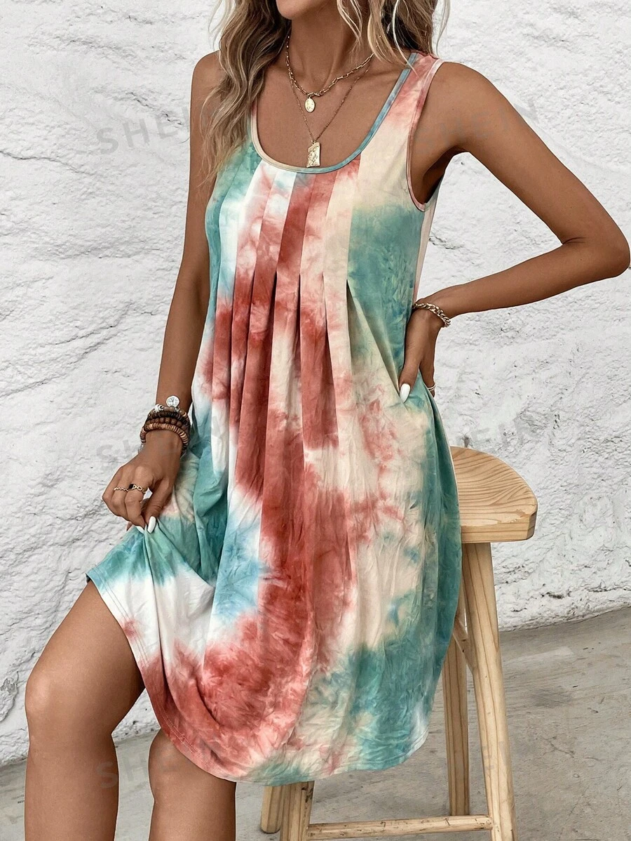 SHEIN LUNE Ladies' Skin-Friendly Tie-Dye Pleated Dress | SHEIN USA
