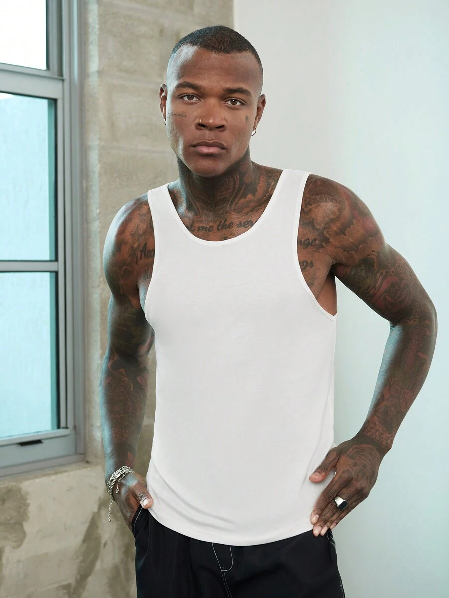 Manfinity Homme Men Cotton Solid Sleeveless Plain All White Urban Basic Tank Top For Friends ...