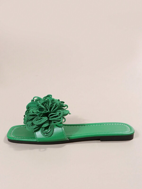 Women Flower Decor Flat Sandals, Fashionable Green Summer Slide Sandals ...