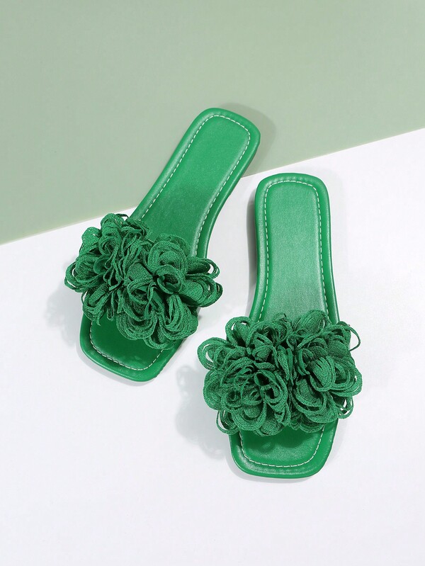 Women Flower Decor Flat Sandals, Fashionable Green Summer Slide Sandals ...