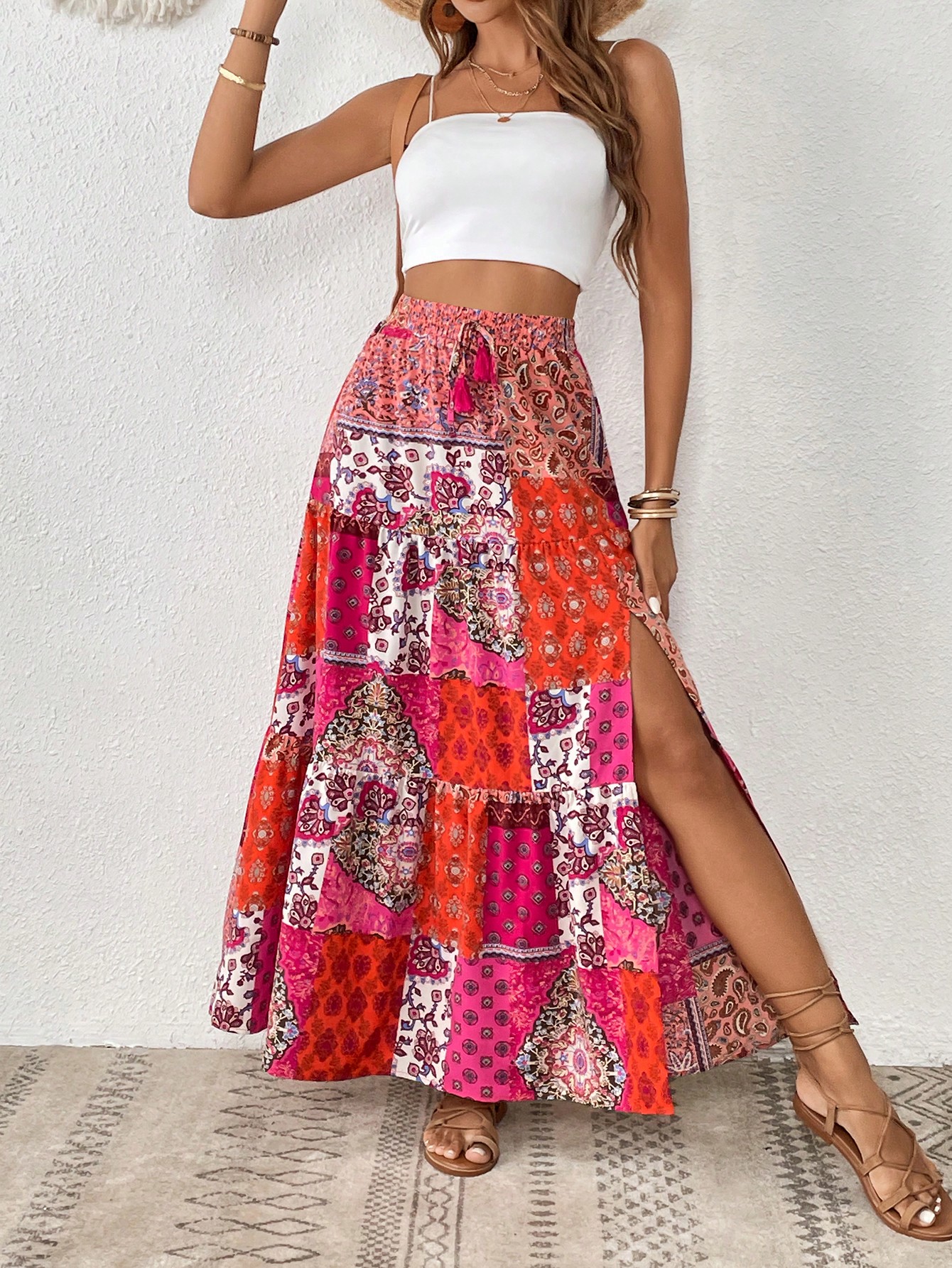 SHEIN VCAY Patchwork Print Split Thigh Skirt | SHEIN EUR