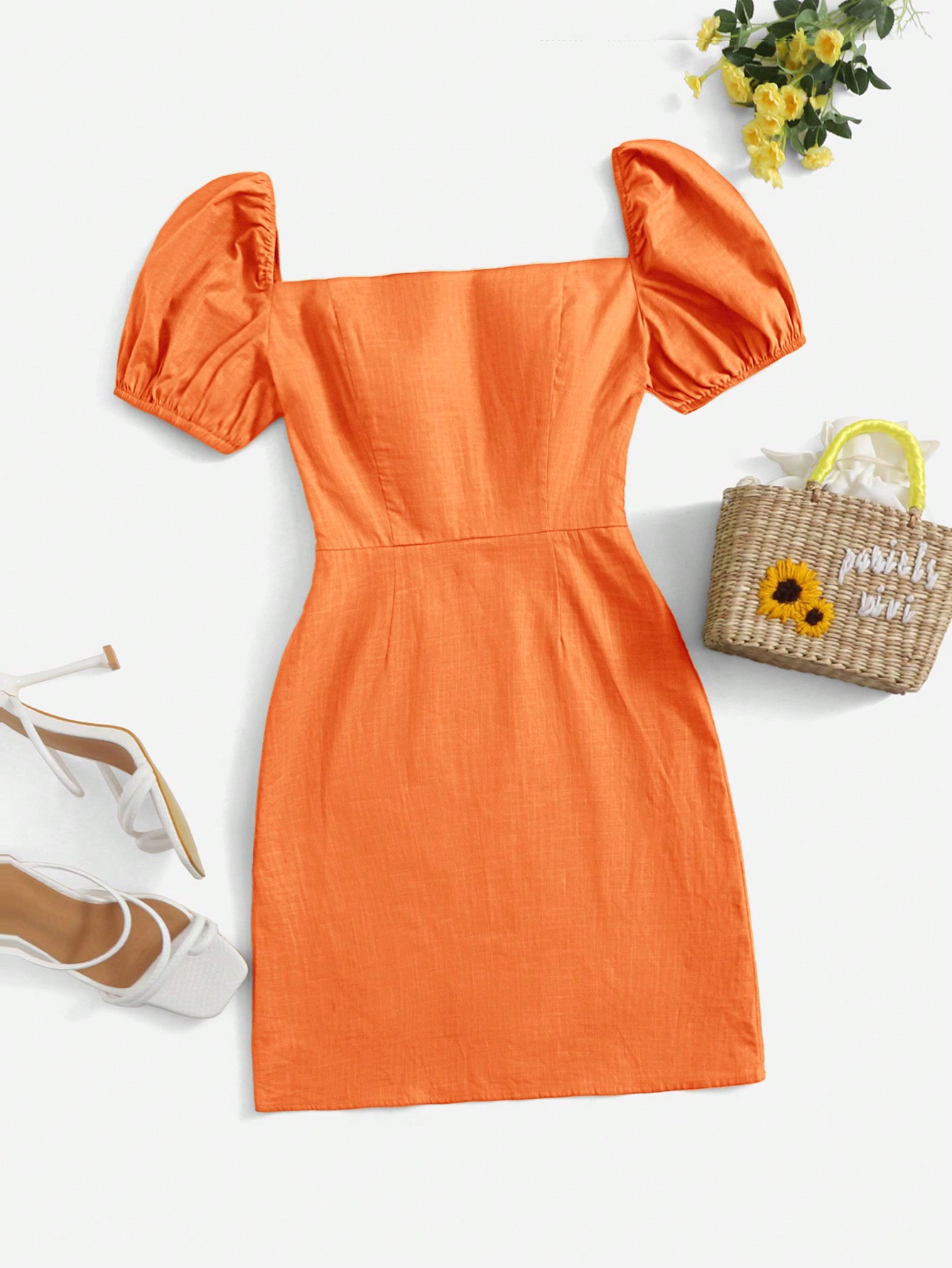 Shein Vcay Vestido De Cuello Cuadrado De Manga Farol Moda De Mujer