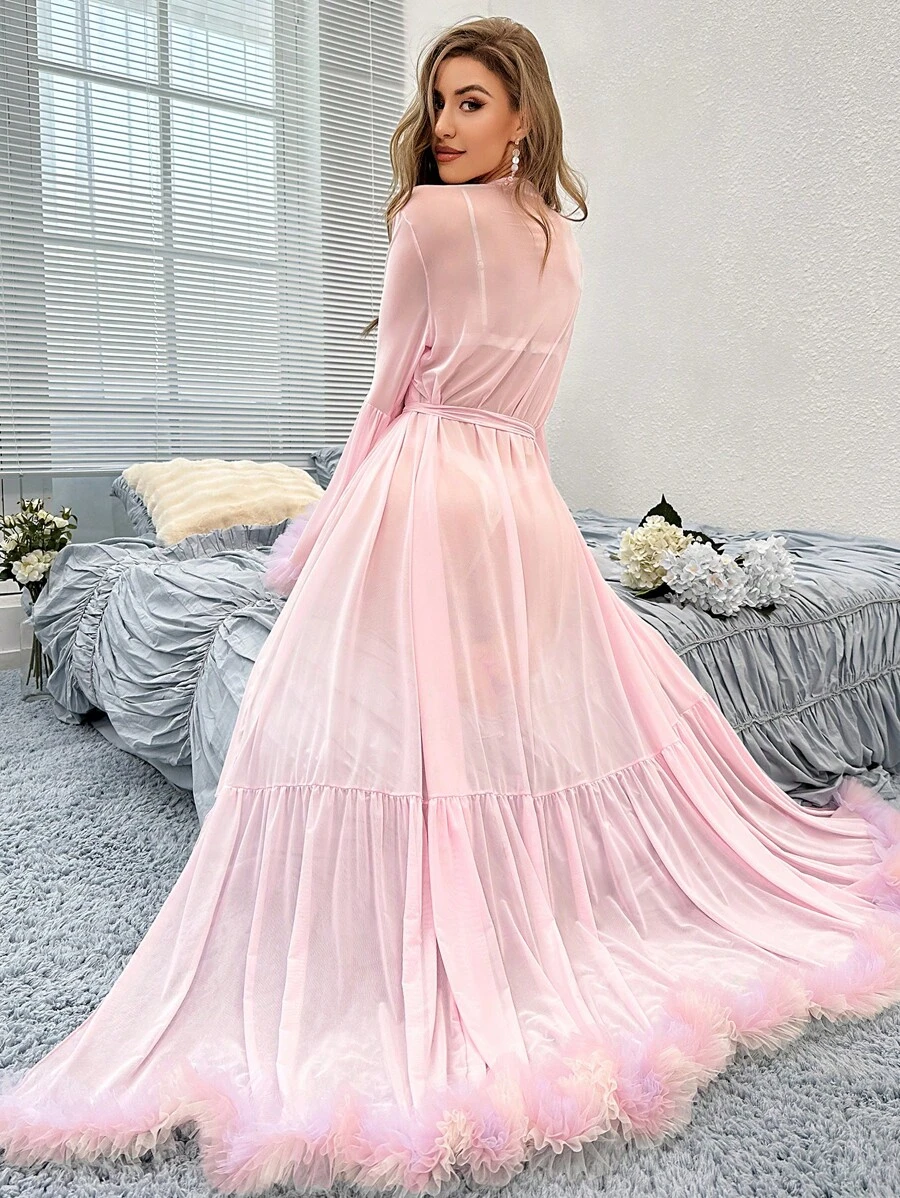 Ruffle Trim Trumpet Sleeve Ruffle Hem Belted Mesh Pink Robe Women, Long ...