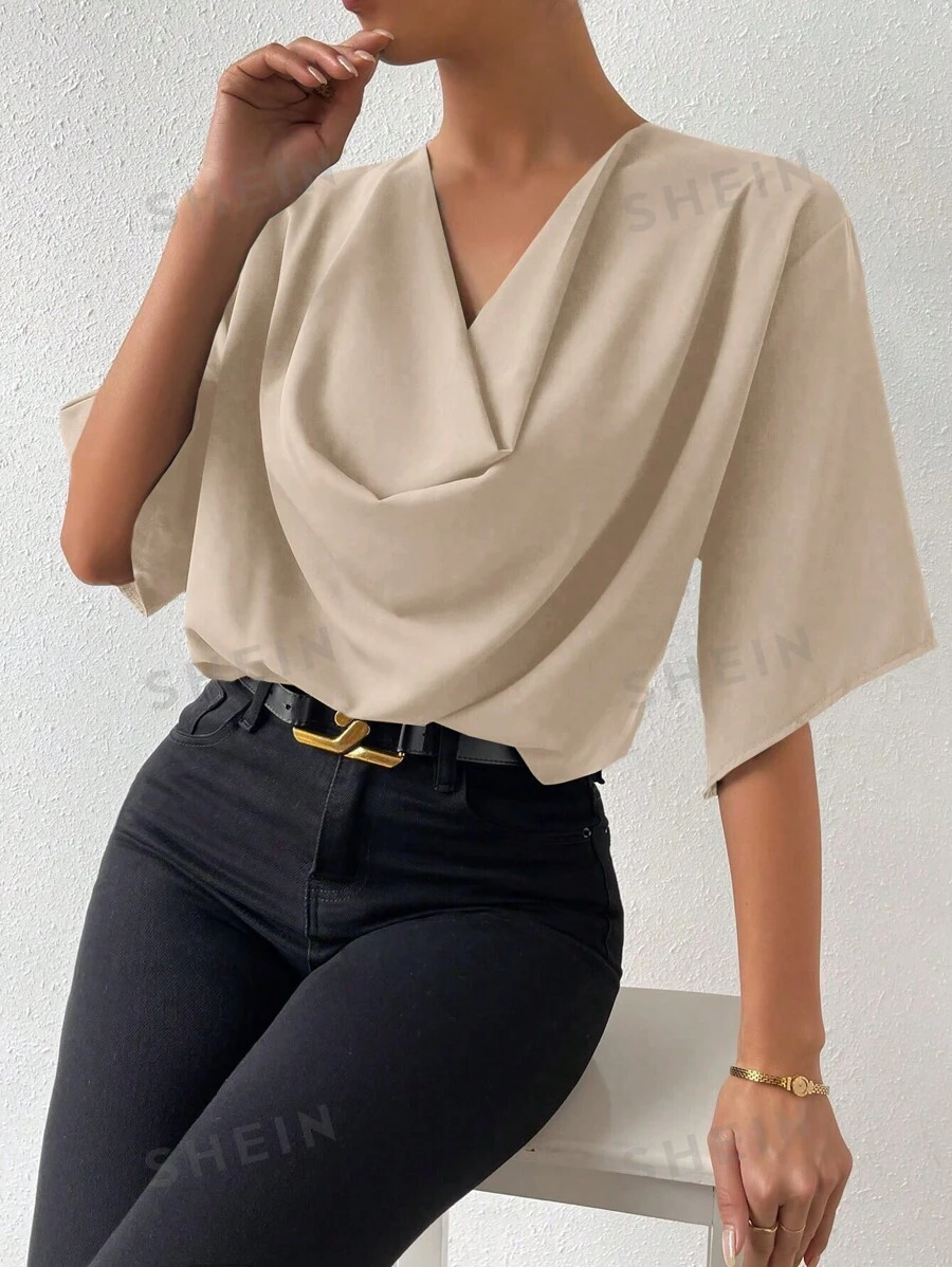 SHEIN Privé Solid Draped Collar Blouse | SHEIN UK