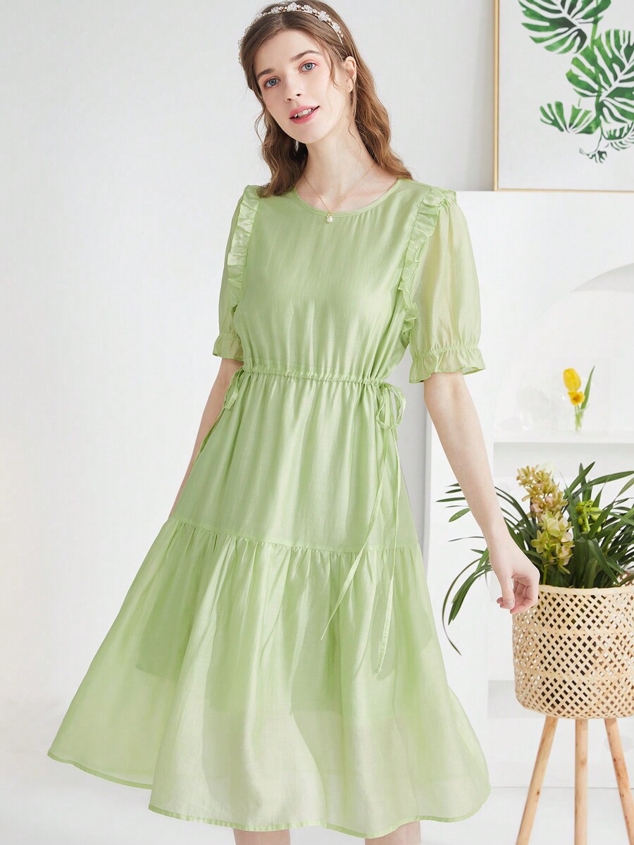 Ruffle Trim Drawstring Waist Ruffle Hem Dress | SHEIN USA