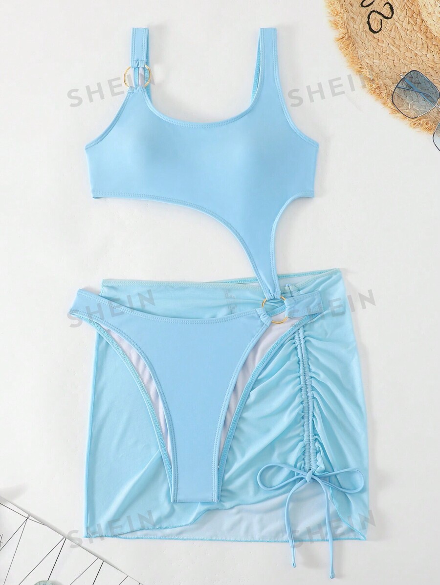 SHEIN Swim BAE Cut Out Ring Linked One Piece Swimsuit With Beach Skirt ...